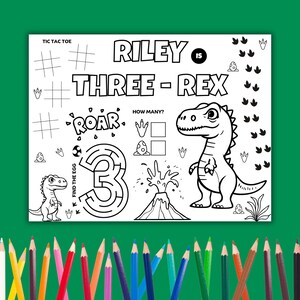 Personalised Three Rex Birthday Party Printable Placemat Activity ...