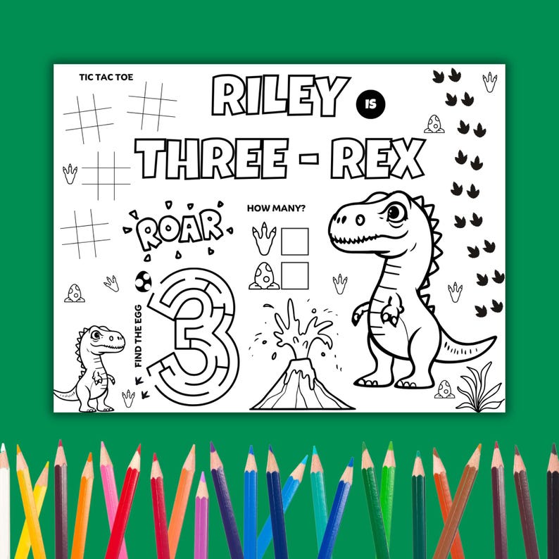 Personalised Three Rex Birthday Party Printable Placemat Activity ...