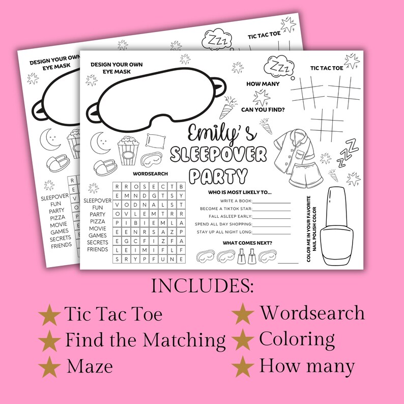 Personalised Sleepover Kids Activity Placemat, Customized Kids ...