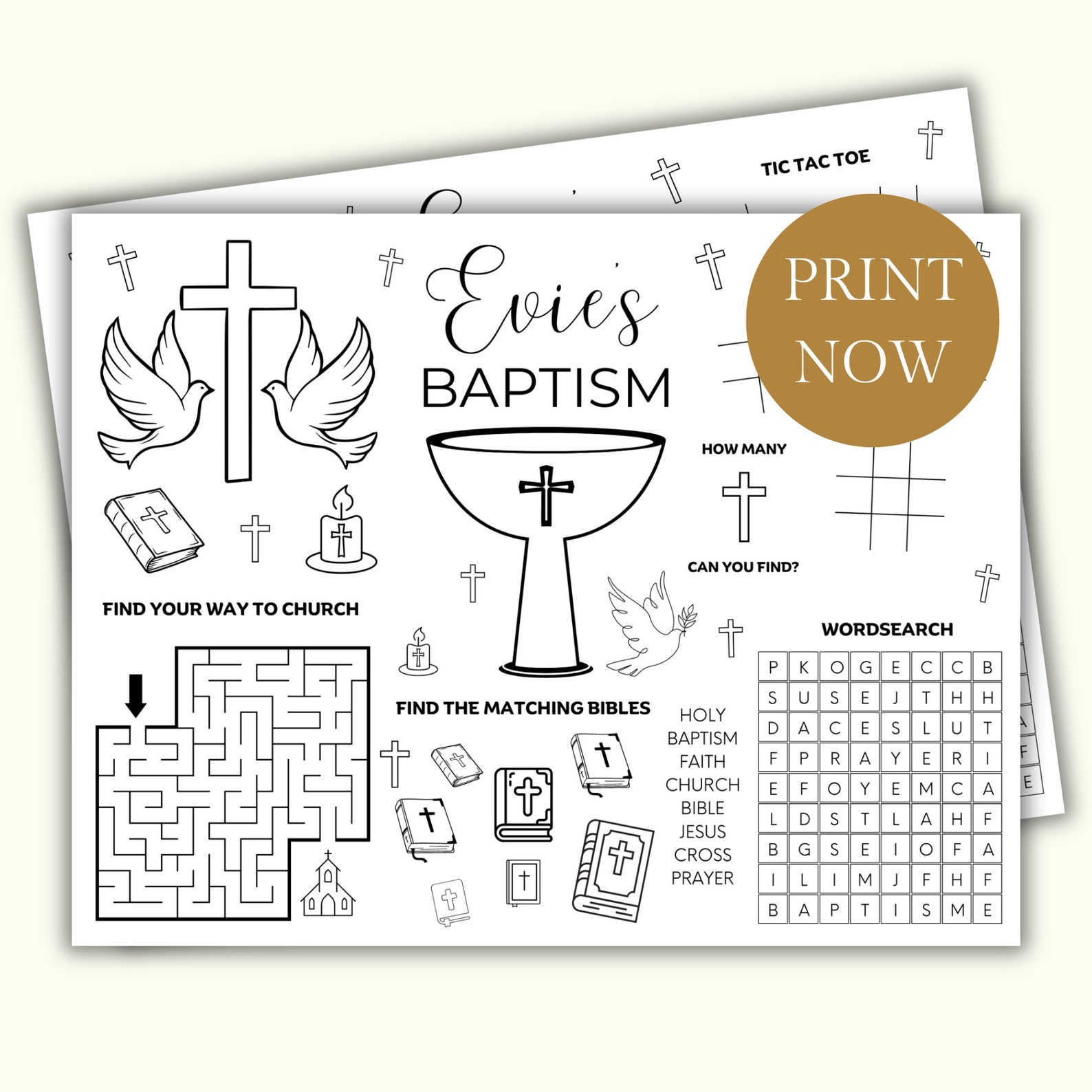 Personalised Baptism Kids Activity Placemat, Customized Kids Printable ...