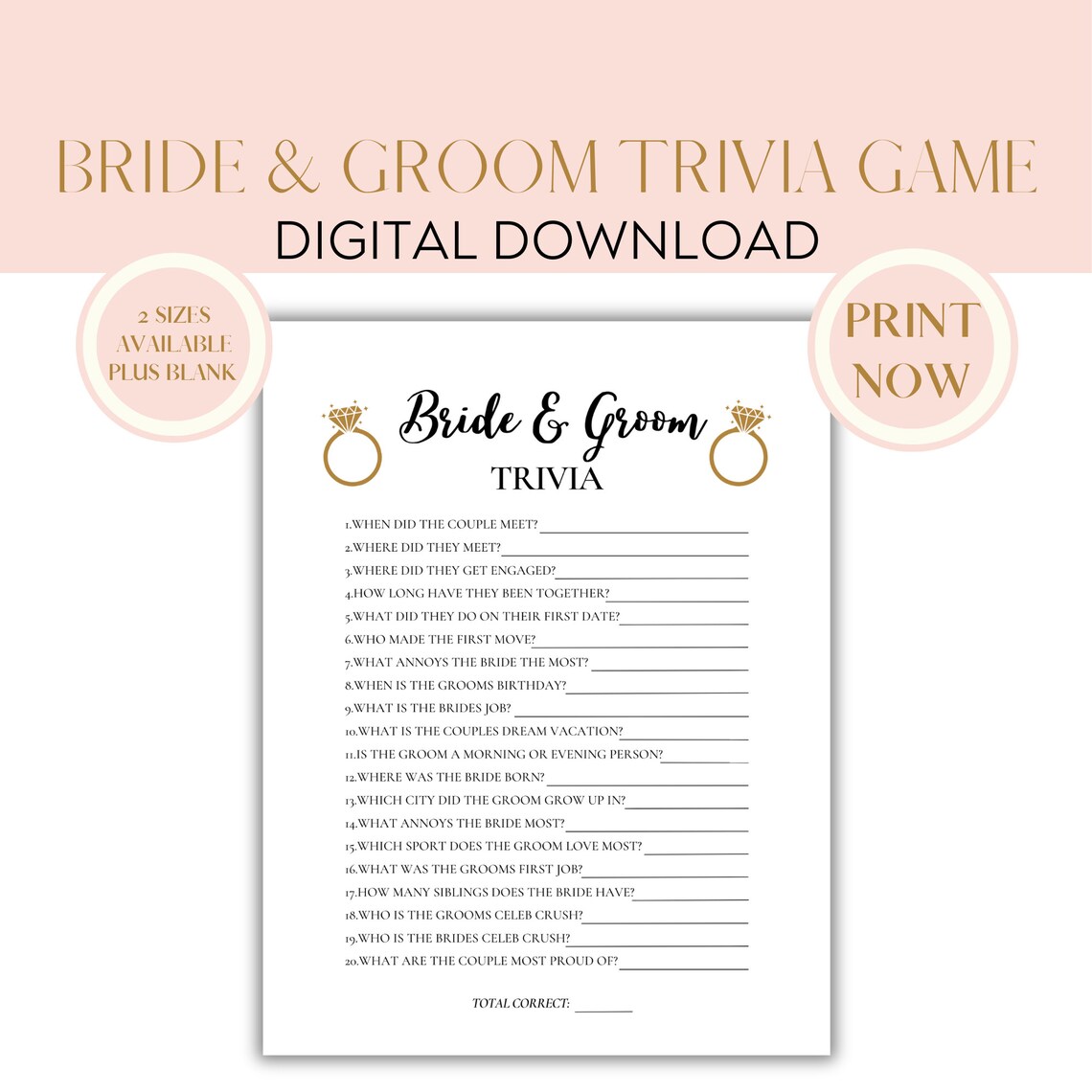 Bride and Groom Trivia Bridal Shower Game, How Well Do You Know the ...