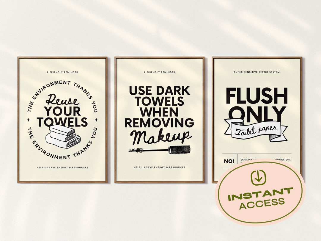 3 Essential Bathroom Signs - AIRBNB BUNDLE. Septic Sign, Makeup Removal ...
