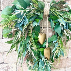 Rustic Greenery Heart Wreath: Farmhouse Gold Heart Bell Decor - Etsy