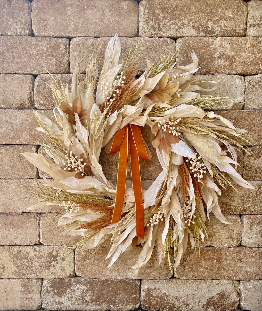 Neutral Fall Corn Husk Wreath for Front Door, Orange Beige Autumn ...