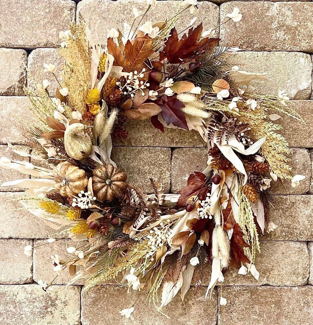 Rustic Fall Wreath for Front Door, Neutral Autumn Farmhouse Wreath With ...