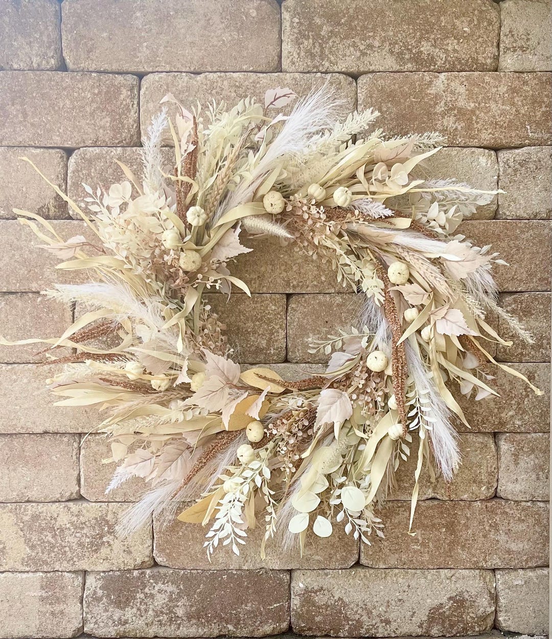 Neutral Cream Fall Wreath for Front Door, Beige Pumpkins Autumn ...