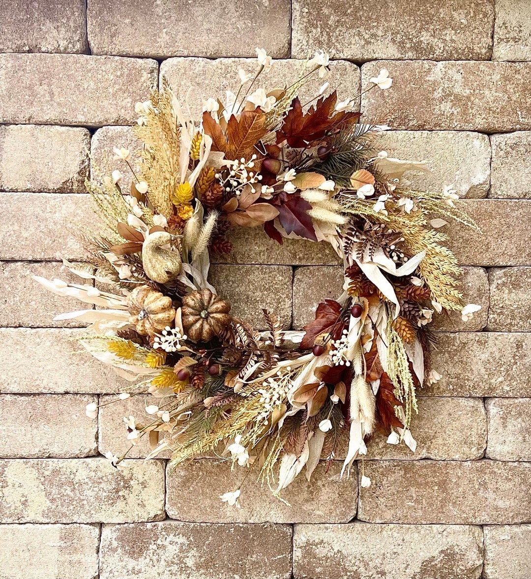 Rustic Fall Wreath for Front Door, Neutral Autumn Farmhouse Wreath With ...