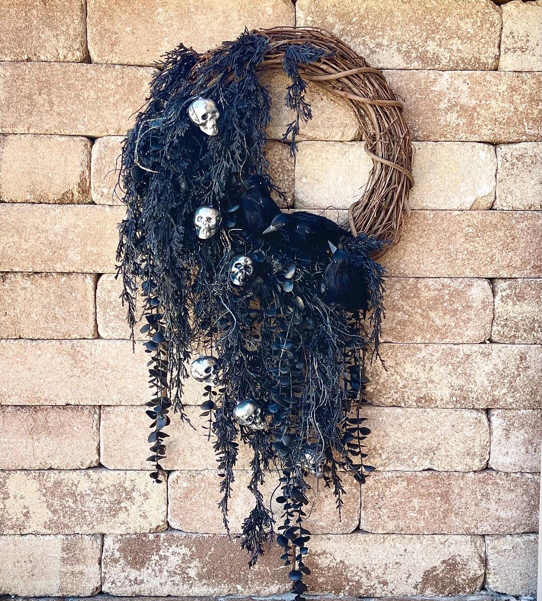 Gothic Raven Halloween Wreath – Black Crows, Silver Skulls, Dark ...