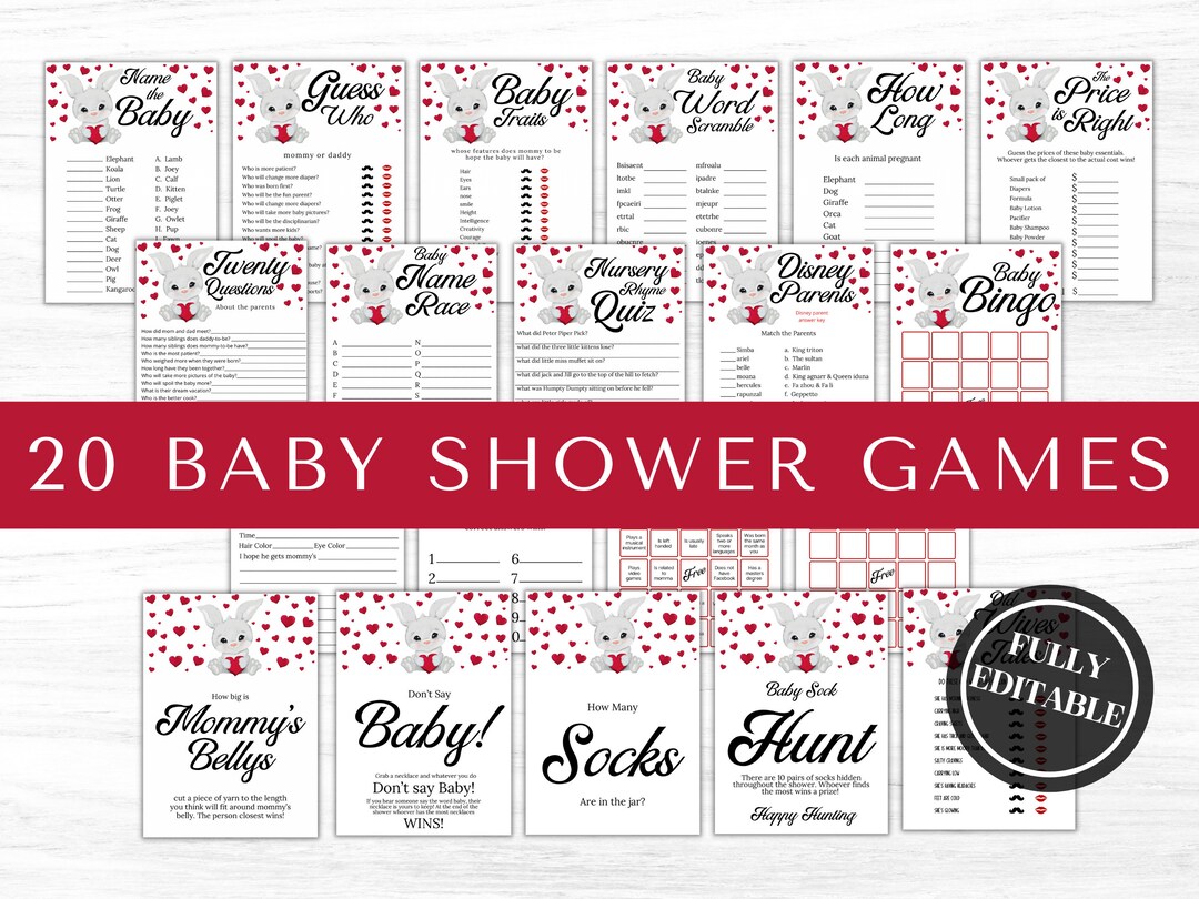 Bunny Rabbit Baby Shower Games Bundle Baby Shower Activities Heart ...