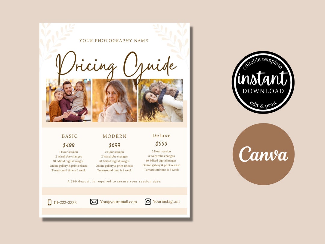 Photography Pricing Template for Canva, Photography Pricing Sheet ...