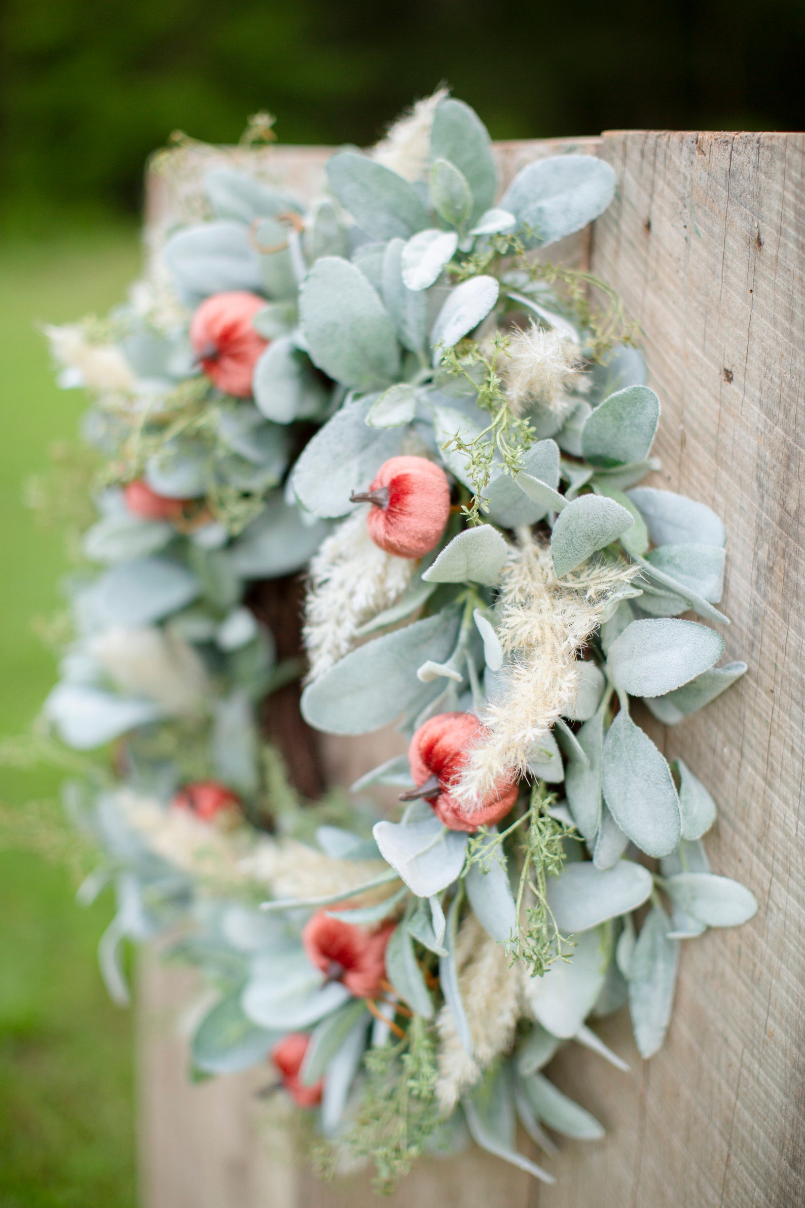 Fall Lambs Ear and Pumpkin Wreath, Autumn Lamb’s Ear for for Front Door ...