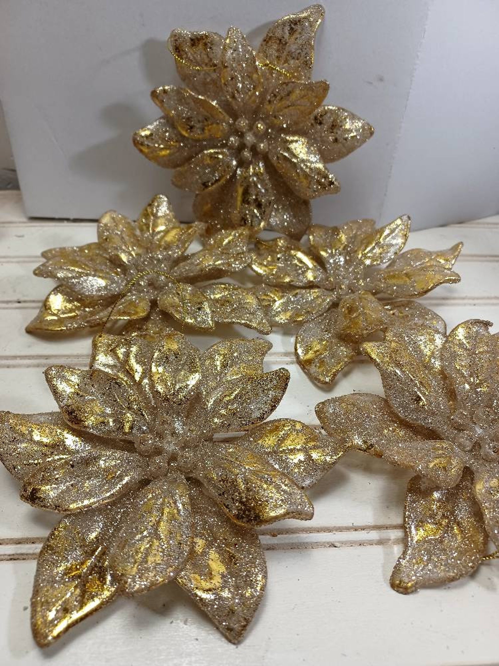 5 Vintage Gold Glittering Poinsettias Christmas Ornament - Etsy