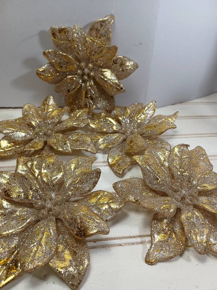 5 Vintage Gold Glittering Poinsettias Christmas Ornament - Etsy