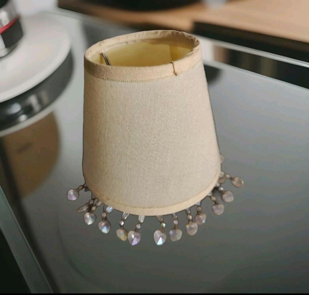 Chandelier Mini Lamp Shade Beige Fabric Bell Clip on Beads Vintage 4.5 ...