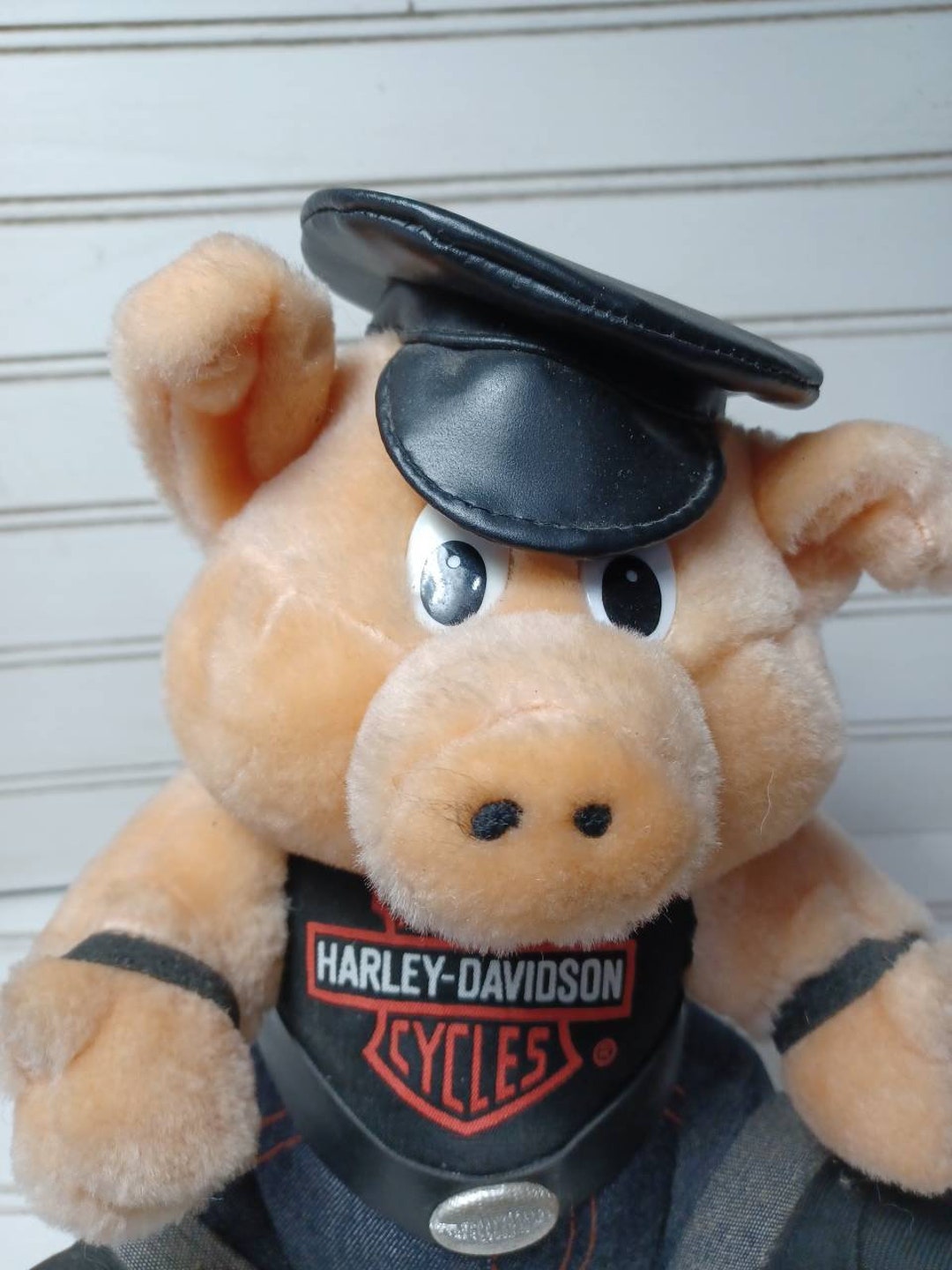 Harley Davidson Motorcycle Biker Plush Pig Doll Black Pleather Hat 10 ...