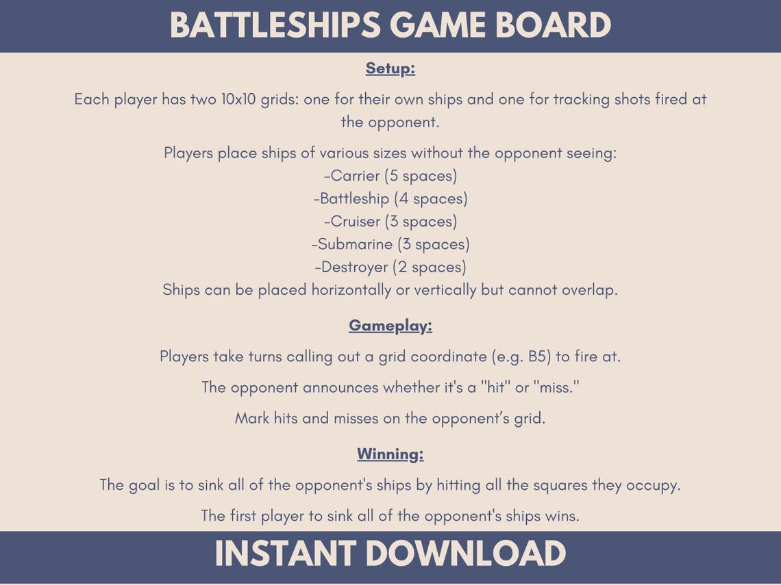Classic Battleship Digital Game Template Instant Download Printable PDF ...