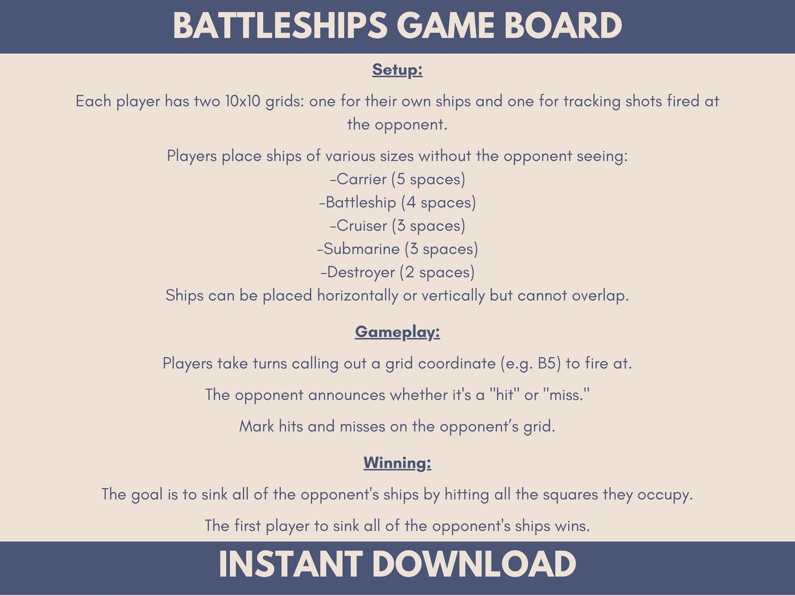 Classic Battleship Digital Game Template Instant Download Printable PDF ...