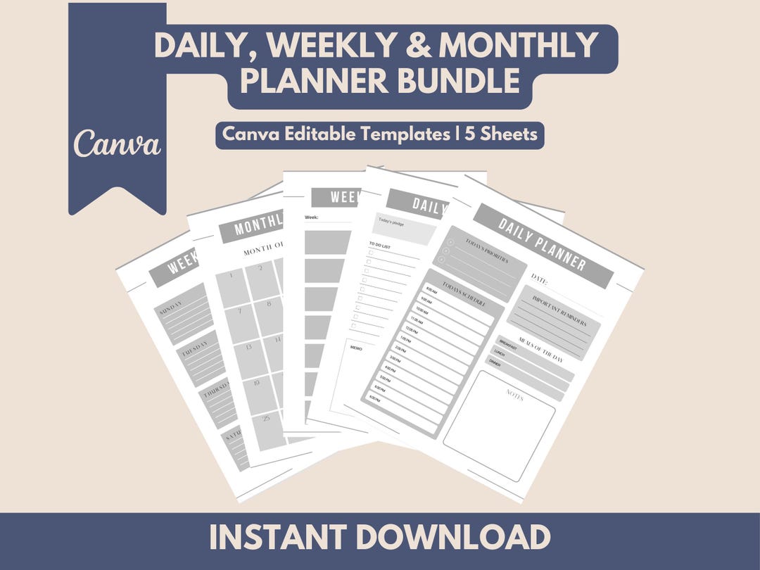 Daily Weekly Monthly Checklist Bundle | 5 X Canva Editable Templates ...