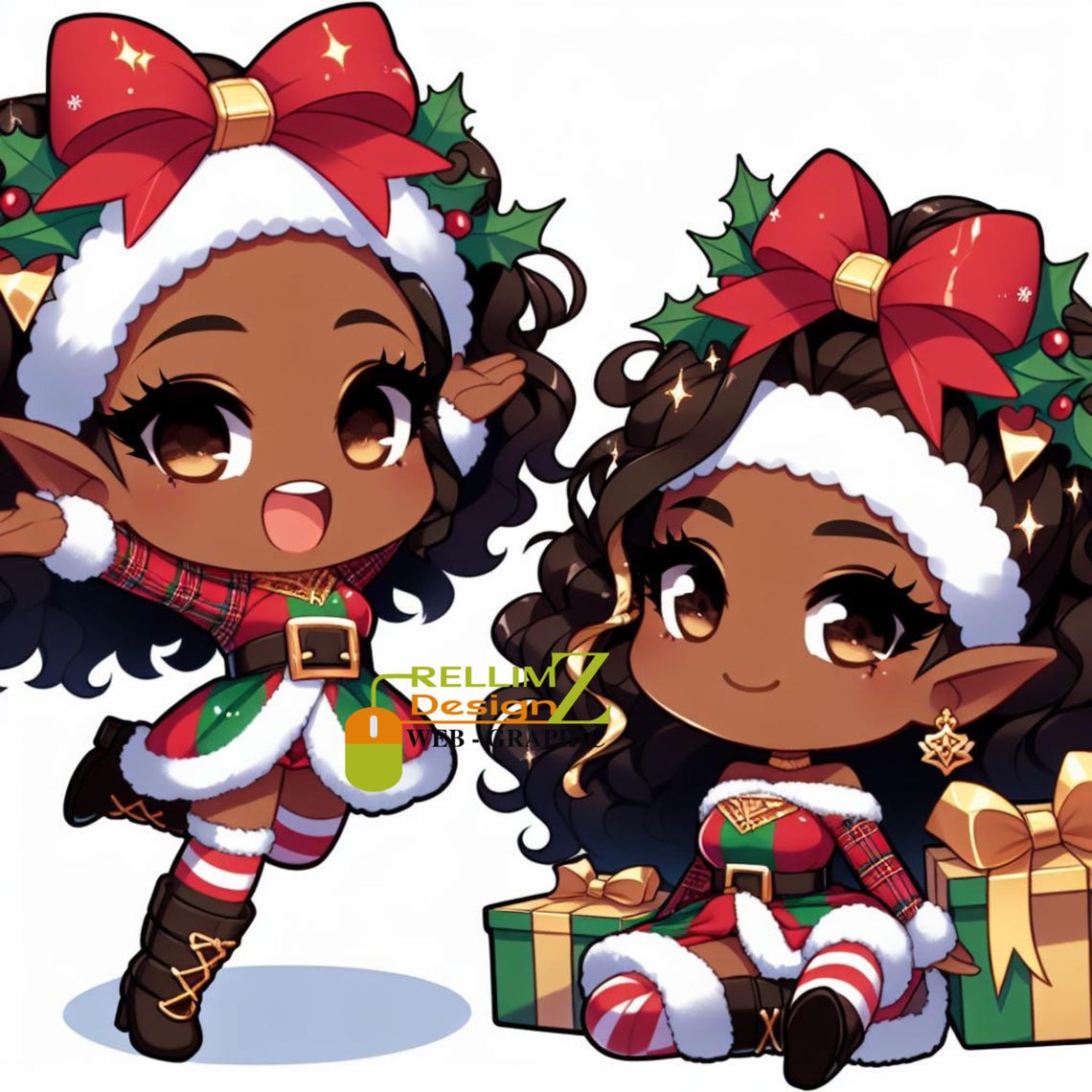 12 Chibi African American Elf Clipart – Cute Christmas Character ...
