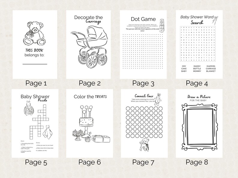Baby Shower Activity Book Page Coloring Fun Kids Entertainment Child ...