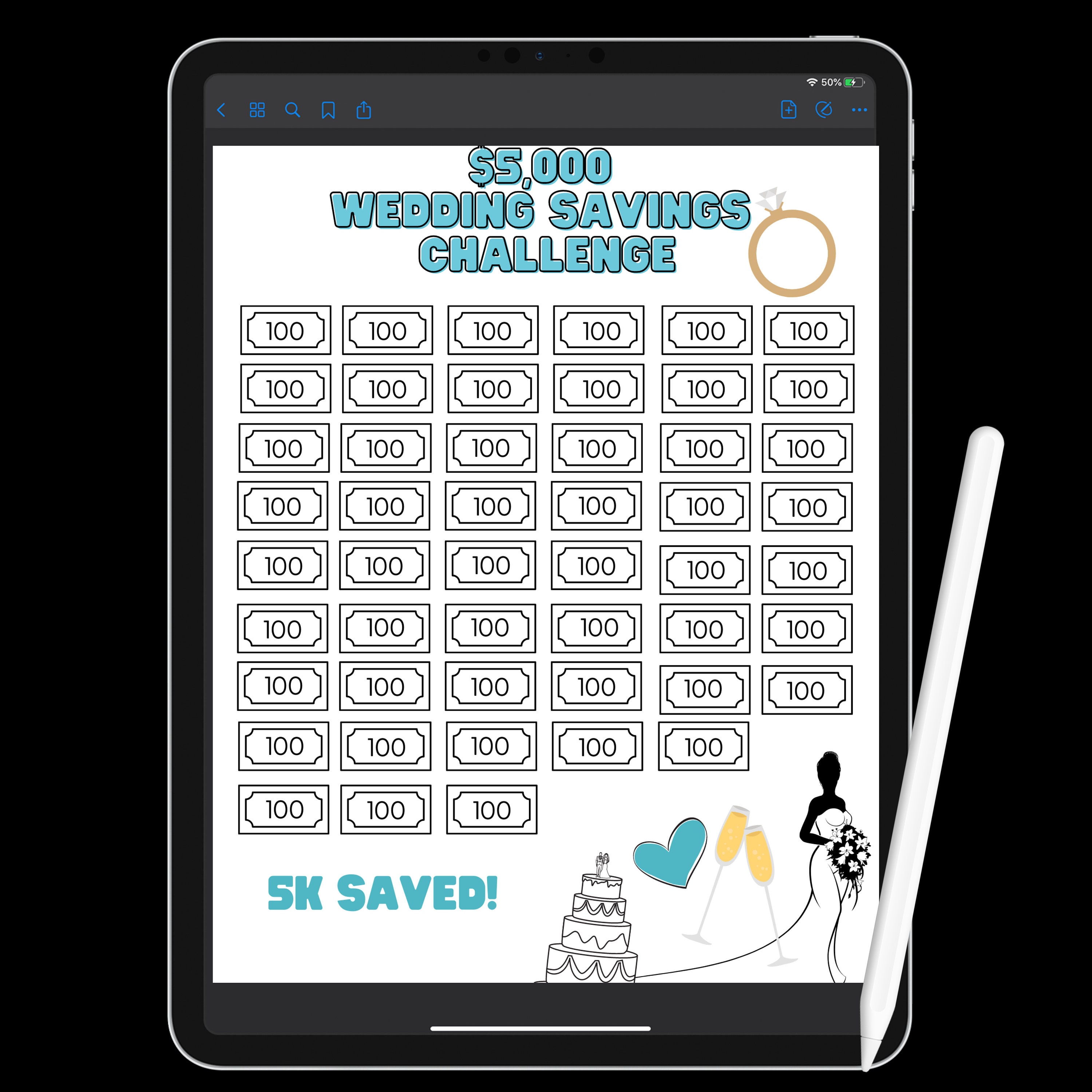 5K Wedding Savings Challenge Printable, 5k Savings Money Goal Tracker ...
