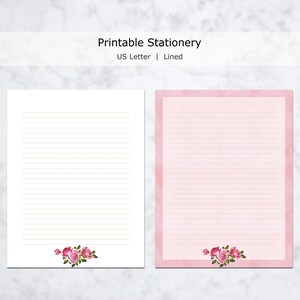 Pink Rose Printable Stationery, Red Floral Writing Paper, Lined ...