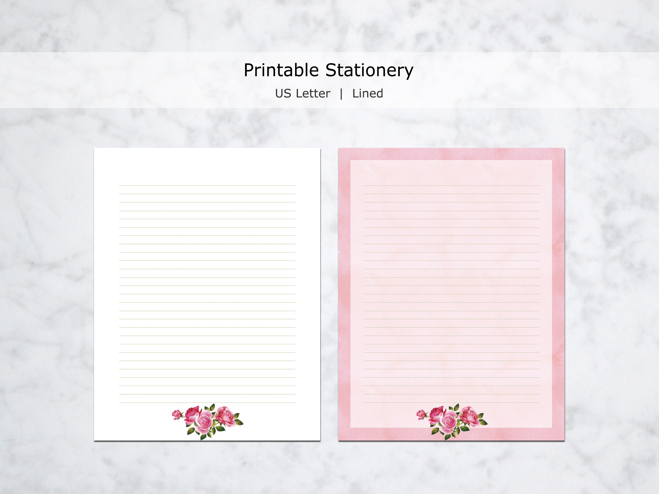 Pink Rose Printable Stationery, Red Floral Writing Paper, Lined ...