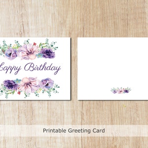 Purple Floral Printable Birthday Card, 7x5 Foldable Greeting Card ...