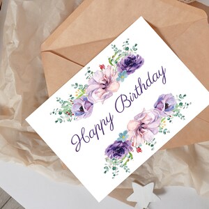 Purple Floral Printable Birthday Card, 7x5 Foldable Greeting Card ...