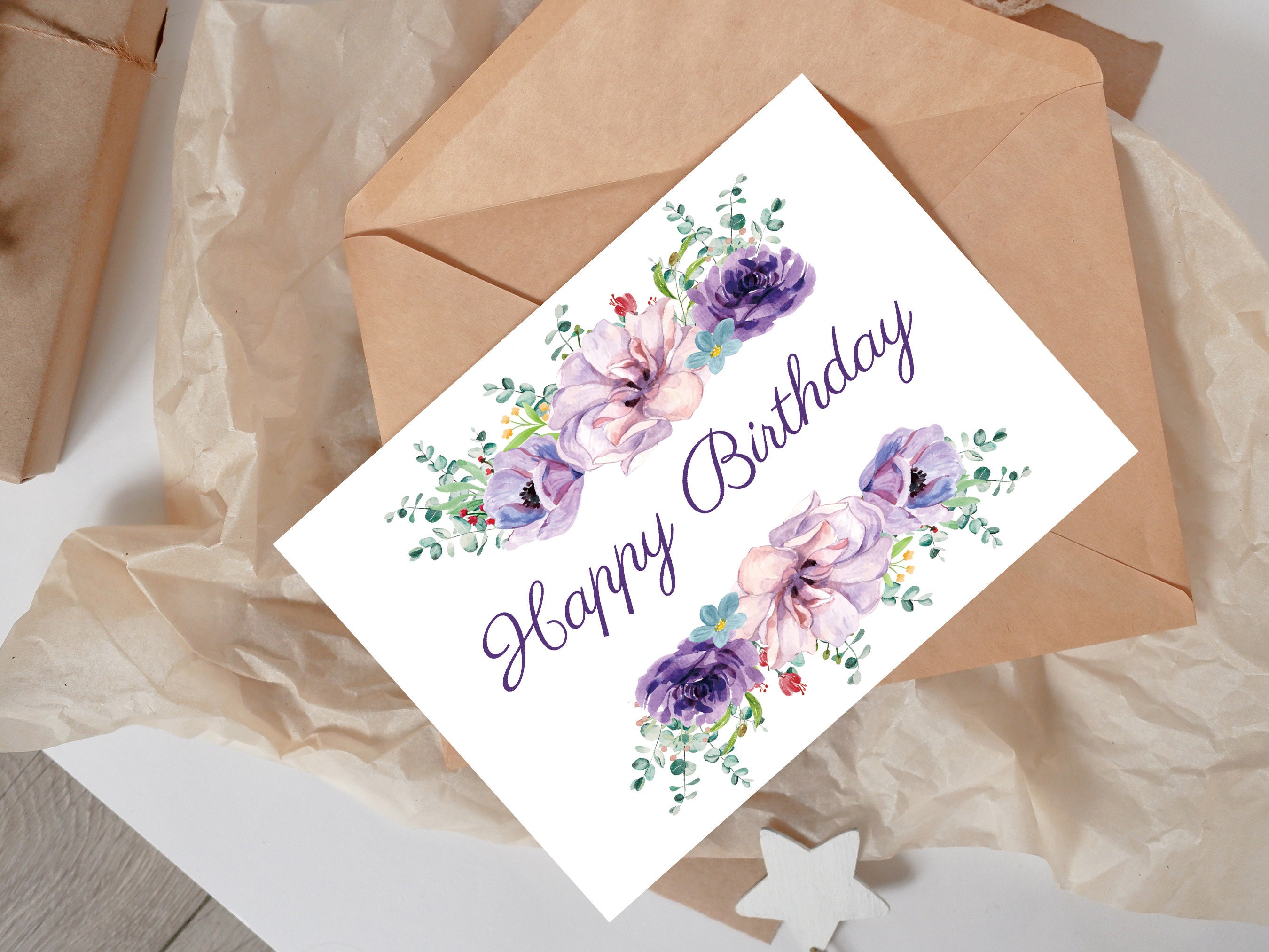 Purple Floral Printable Birthday Card, 7x5 Foldable Greeting Card ...