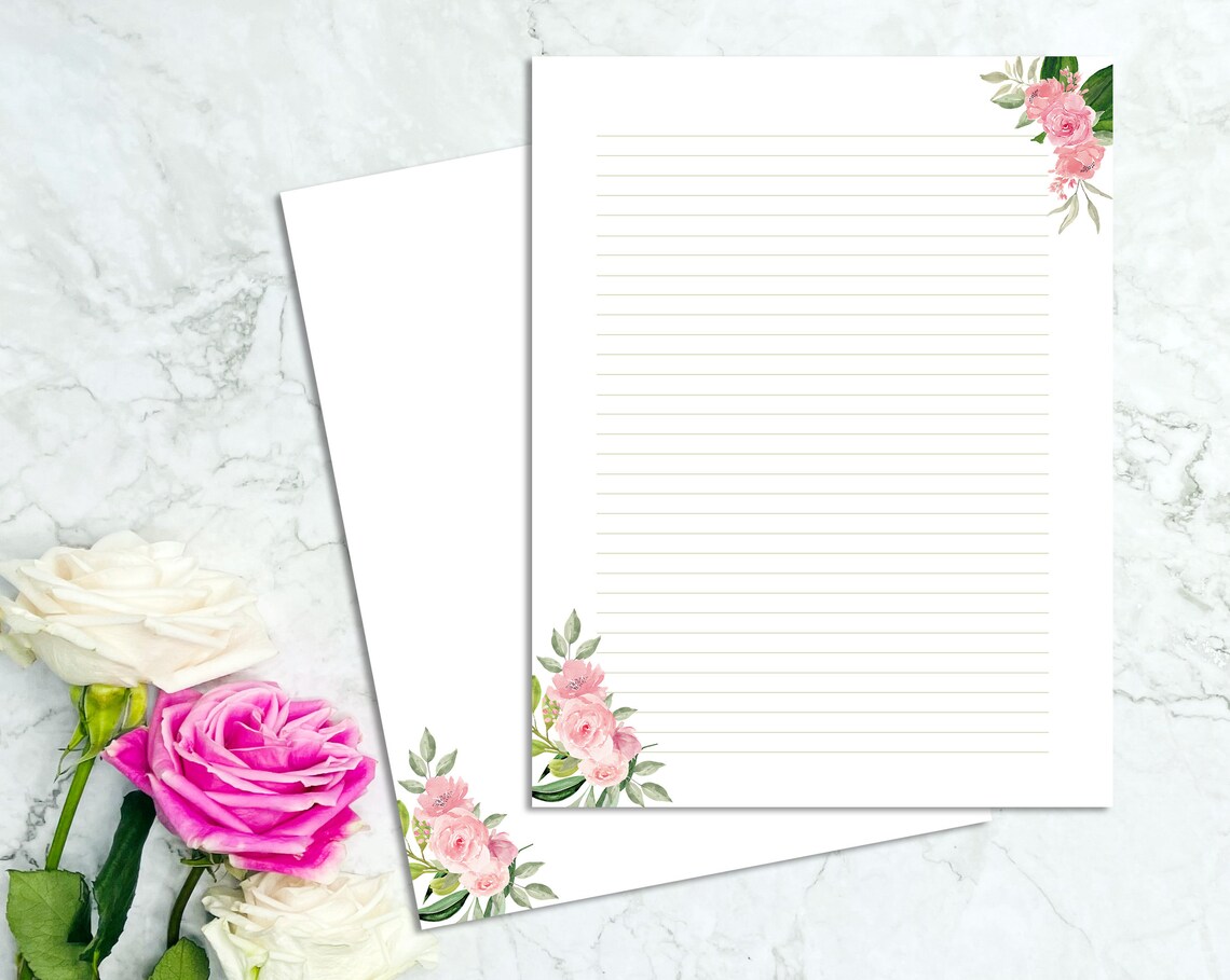 Pink Rose Printable Stationery, Pink Floral Writing Paper, Lined ...