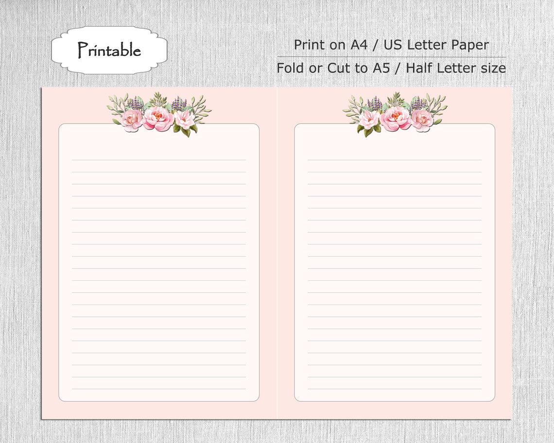 Rose Printable Notepaper Set, 4 Designs, A5 / Half Letter, Lined ...
