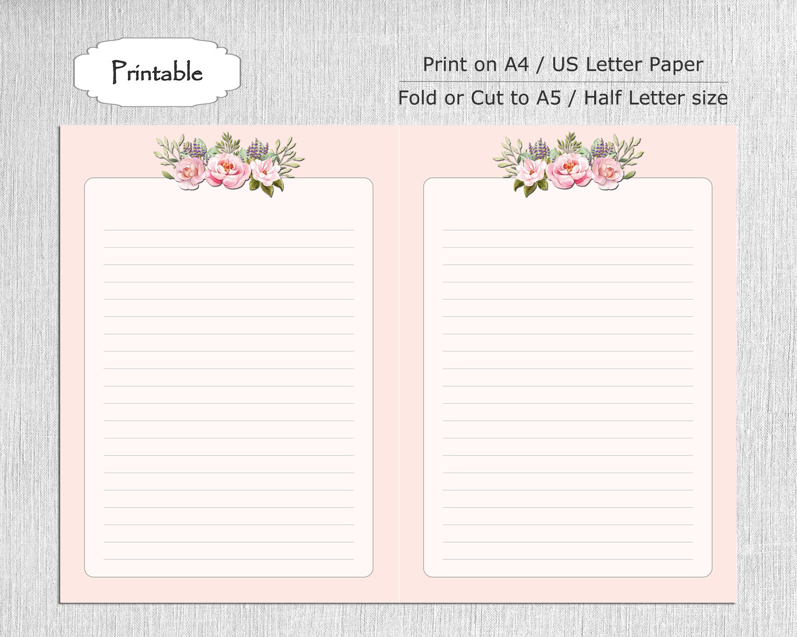 Rose Printable Notepaper Set, 4 Designs, A5 / Half Letter, Lined ...