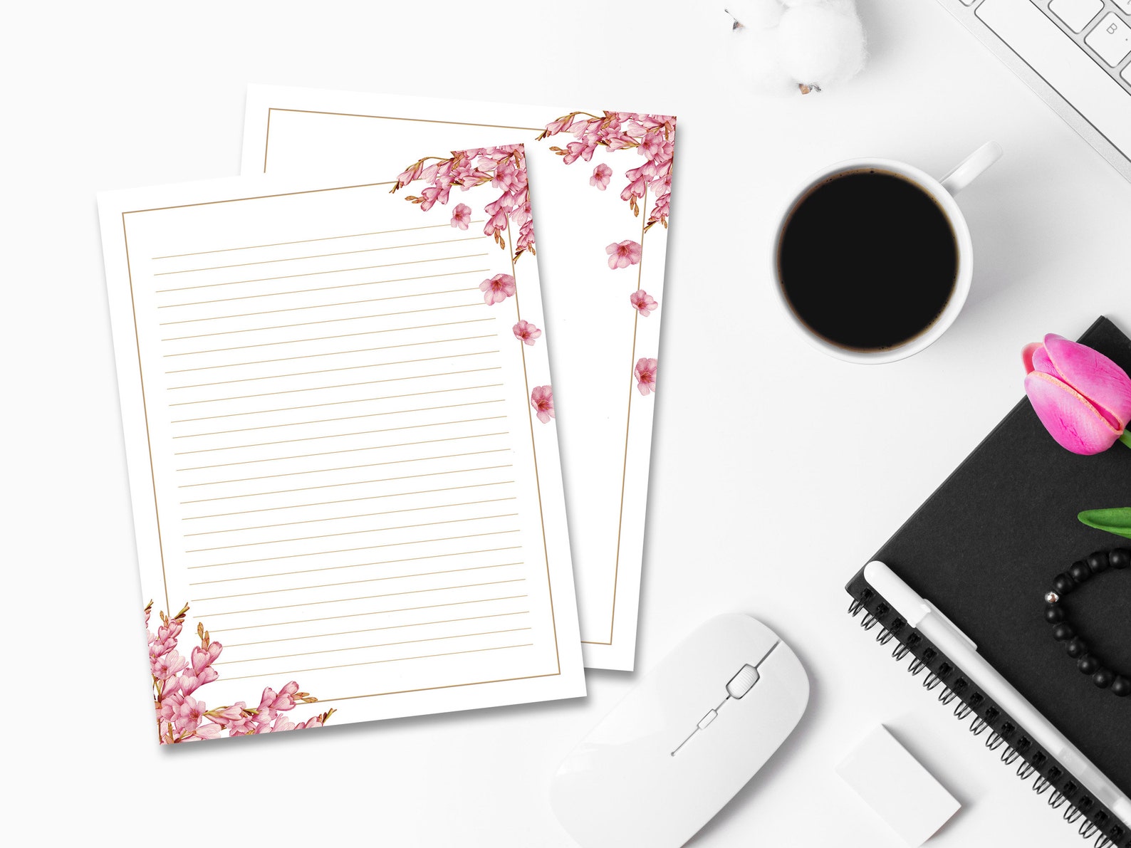 Pink Floral Printable Stationery, Decorative Writing Paper, Lined ...
