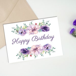 Purple Floral Printable Birthday Card, 7x5 Foldable Greeting Card ...