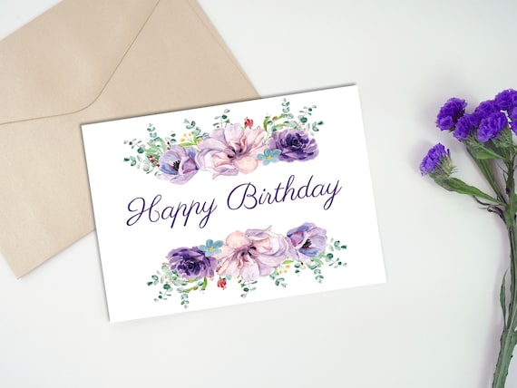 Purple Floral Printable Birthday Card 7x5 Foldable Greeting | Etsy