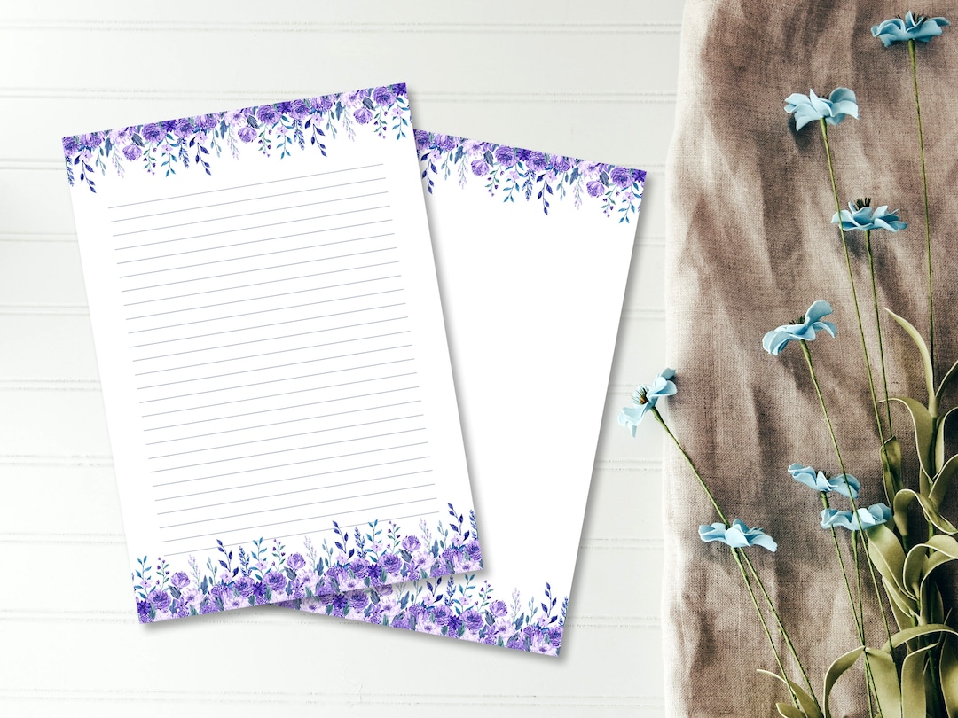 Purple Floral Printable Stationery, Violet Writing Paper, Lined ...