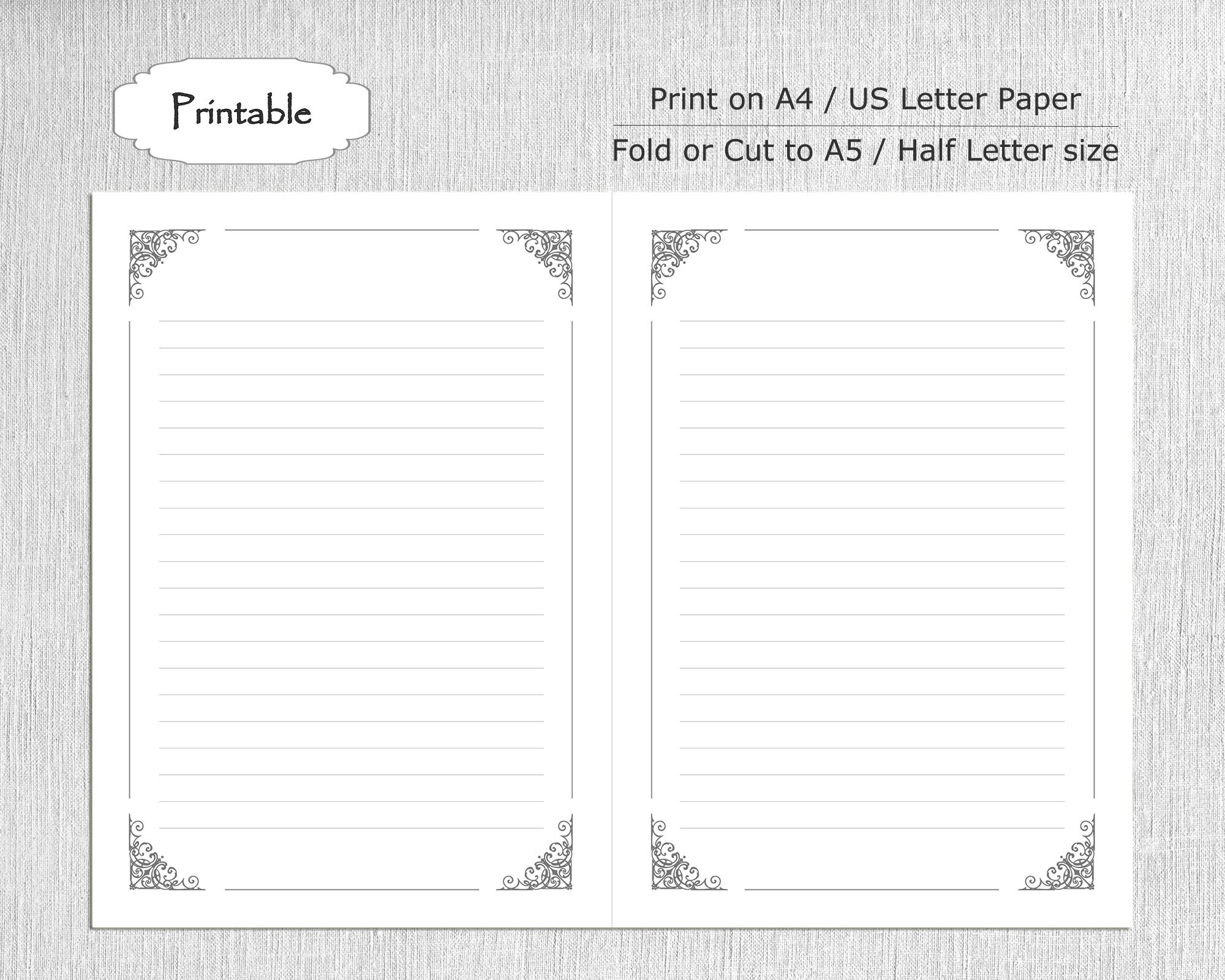 Minimalist Printable Notepaper Set, 4 Designs, A5 / Half Letter, Lined ...