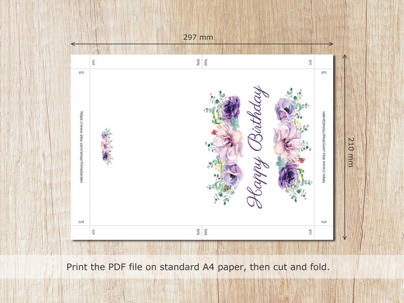 Purple Floral Printable Birthday Card 7x5 Foldable Greeting | Etsy