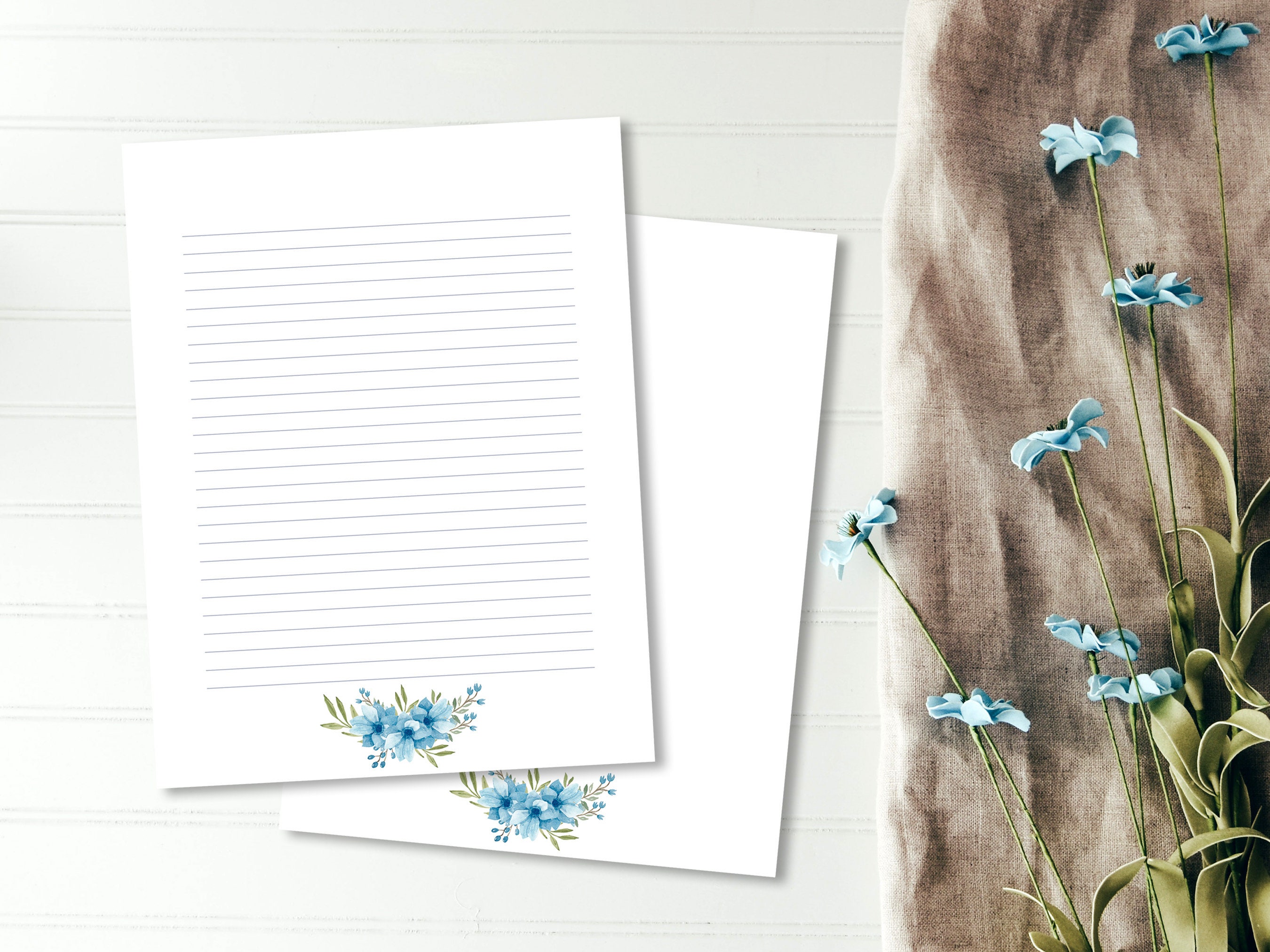 Blue Floral Printable Stationery, Botanical Writing Paper, Journal Page ...