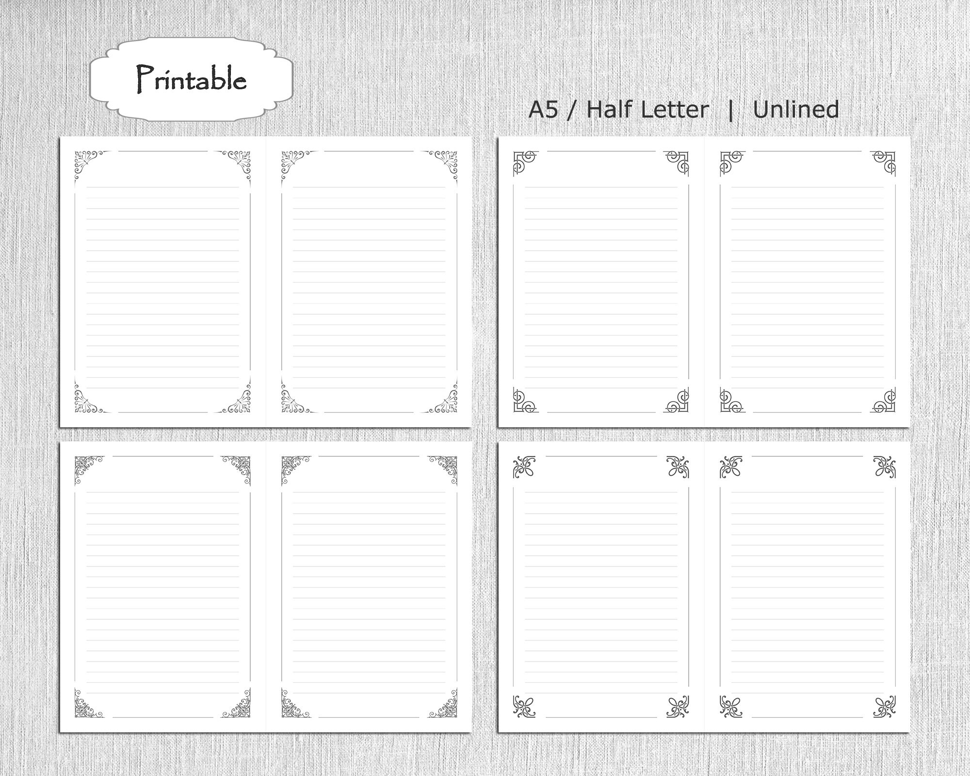 Minimalist Printable Notepaper Set, 4 Designs, A5 / Half Letter, Lined ...