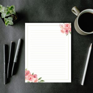 Pink Rose Printable Stationery, Floral Writing Paper, Botanical Journal ...