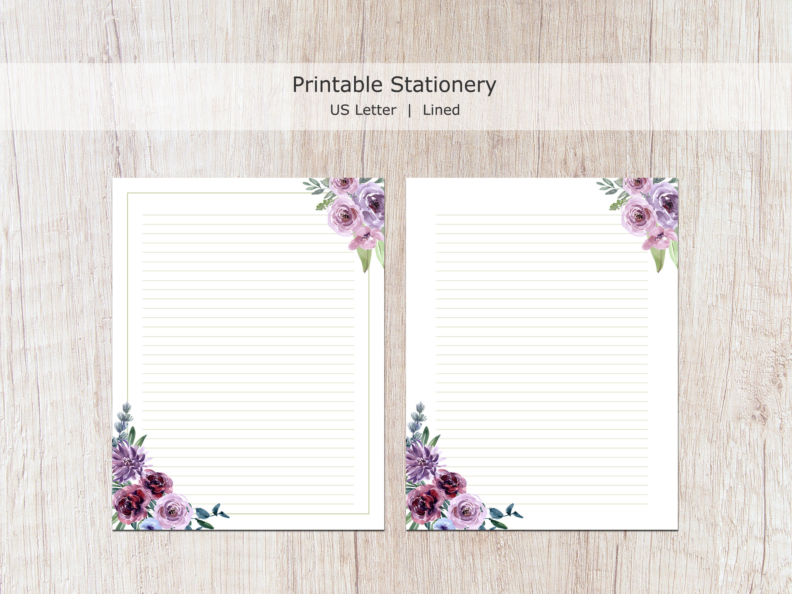 Purple Rose Printable Stationery, Floral Writing Paper, Decorative ...