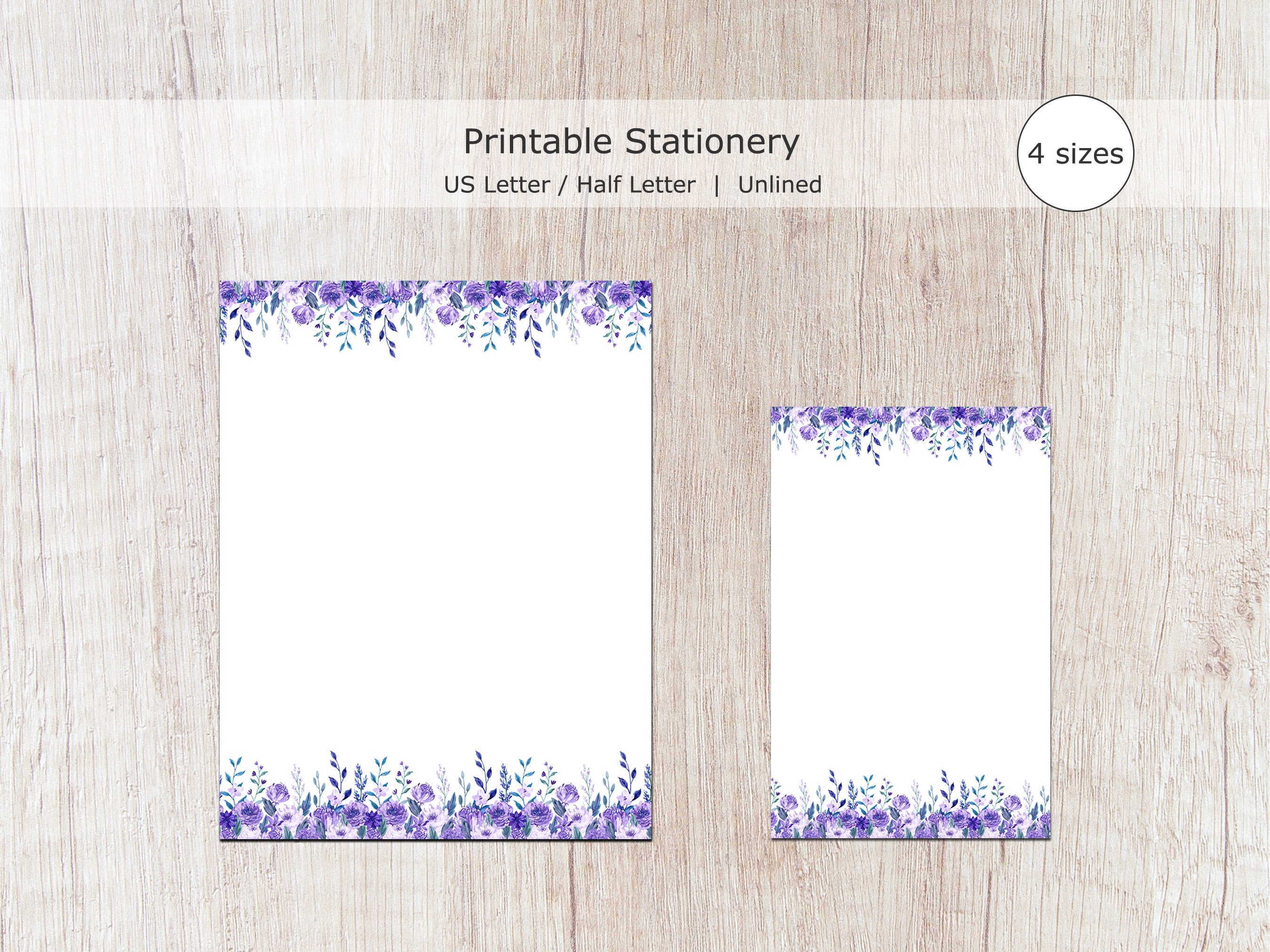 Purple Floral Printable Stationery, Violet Writing Paper, Lined ...
