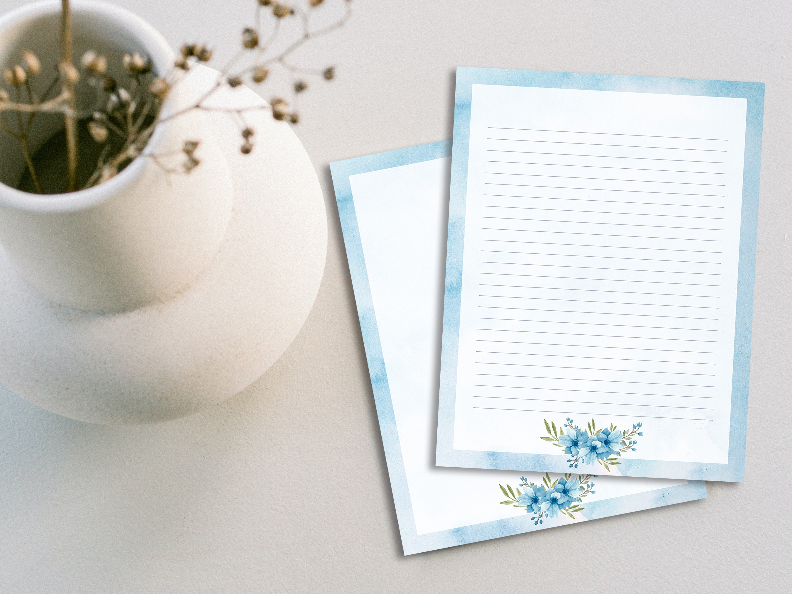 Blue Floral Printable Stationery, Botanical Writing Paper, Journal Page ...