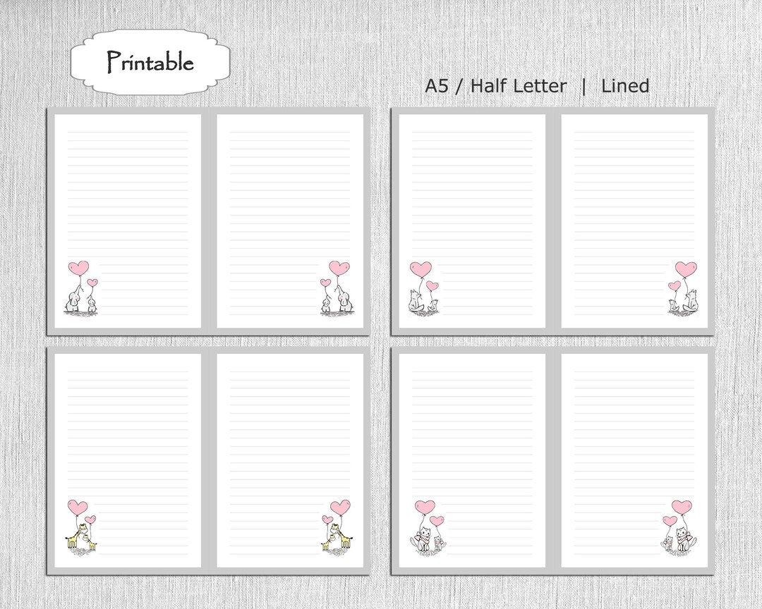 Cute Animals Printable Notepaper Set, 4 Designs, A5 / Half Letter ...