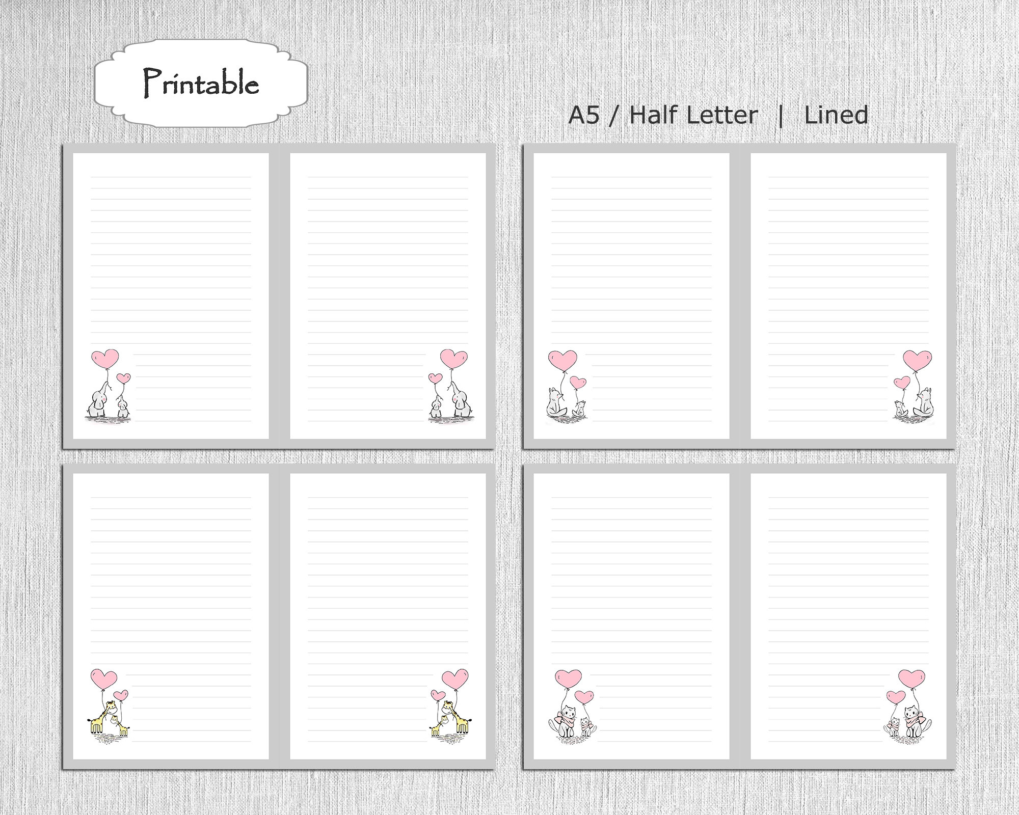 Cute Animals Printable Notepaper Set, 4 Designs, A5 / Half Letter ...