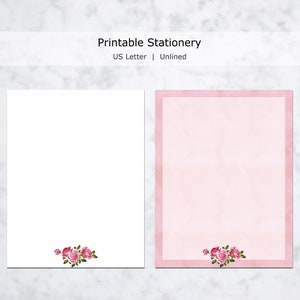 Pink Rose Printable Stationery, Red Floral Writing Paper, Lined ...