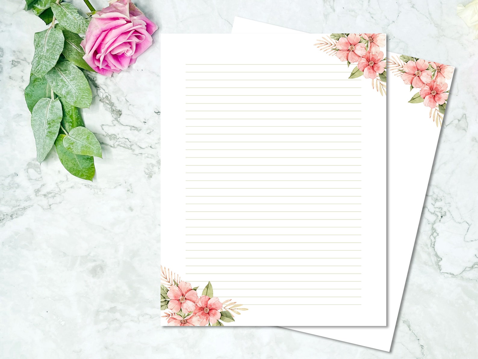 Red Zinnia Printable Stationery Paper, Pink Floral Writing Paper, Lined ...