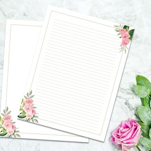 Pink Rose Printable Stationery, Pink Floral Writing Paper, Lined ...